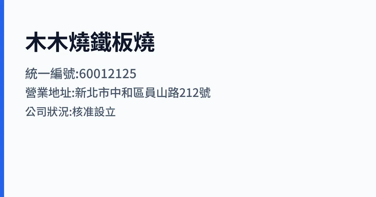 木木燒鐵板燒 - 統編 60012125(新北市) 公司登記資料與營業項目詳細圖表