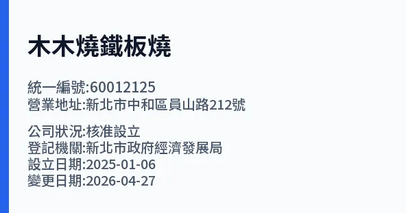 木木燒鐵板燒的照片-統編 60012125(新北市) 公司登記資料與營業項目詳細圖表