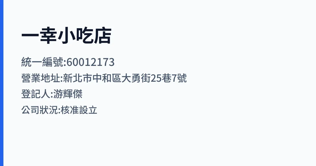 一幸小吃店 - 統編 60012173(新北市) 公司登記資料與營業項目詳細圖表