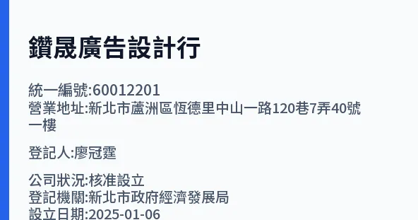 鑽晟廣告設計行的照片-統編 60012201(新北市) 公司登記資料與營業項目詳細圖表