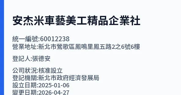 安杰米車藝美工精品企業社的照片-統編 60012238(新北市) 公司登記資料與營業項目詳細圖表