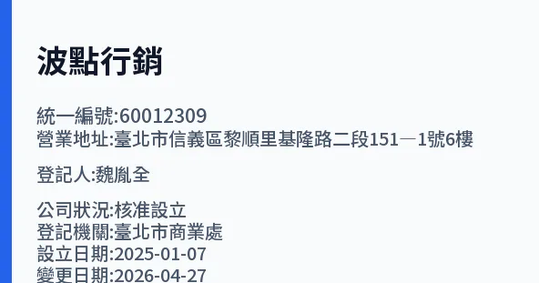 波點行銷的照片-統編 60012309(臺北市) 公司登記資料與營業項目詳細圖表
