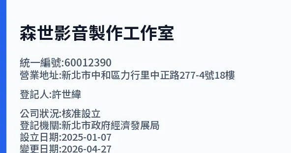 森世影音製作工作室的照片-統編 60012390(新北市) 公司登記資料與營業項目詳細圖表