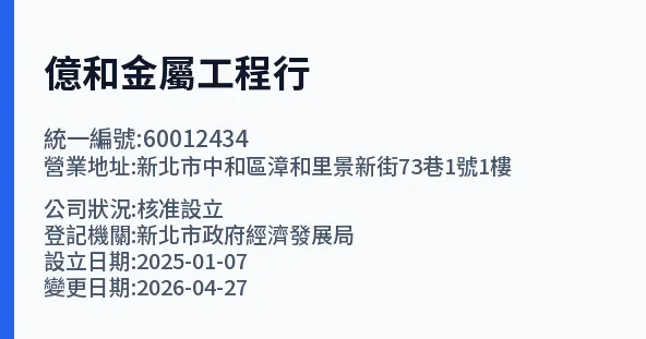 億和金屬工程行的照片-統編 60012434(新北市) 公司登記資料與營業項目詳細圖表