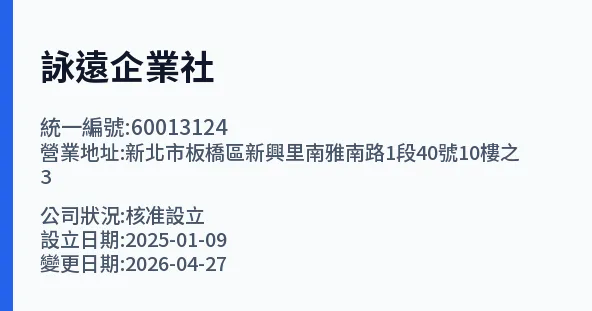 詠遠企業社的照片-統編 60013124(新北市) 公司登記資料與營業項目詳細圖表