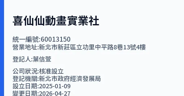 喜仙仙動畫實業社的照片-統編 60013150(新北市) 公司登記資料與營業項目詳細圖表