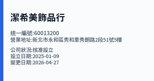 潔希美飾品行的照片-統編 60013200(新北市) 公司登記資料與營業項目詳細圖表