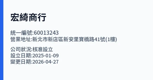 宏綺商行的照片-統編 60013243(新北市) 公司登記資料與營業項目詳細圖表