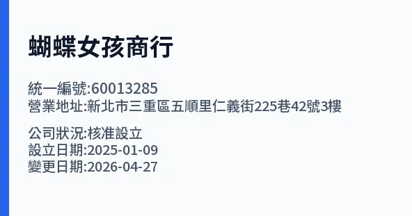 蝴蝶女孩商行的照片-統編 60013285(新北市) 公司登記資料與營業項目詳細圖表