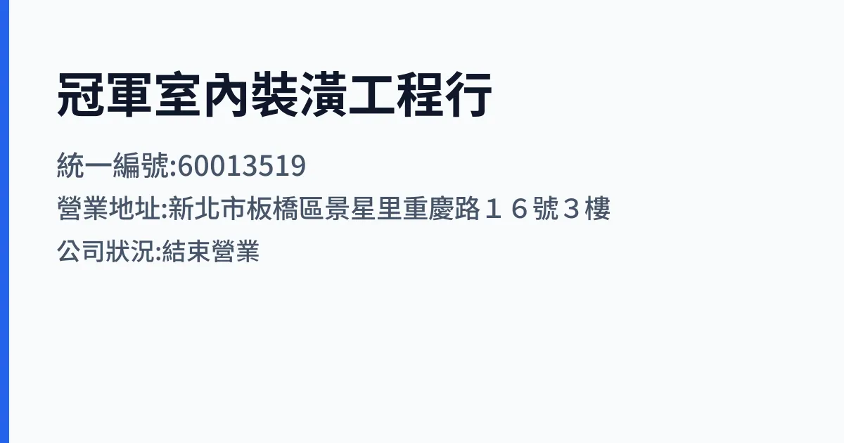 冠軍室內裝潢工程行 - 統編 60013519(新北市) 公司登記資料與營業項目詳細圖表