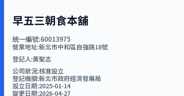 早五三朝食本舖的照片-統編 60013975(新北市) 公司登記資料與營業項目詳細圖表