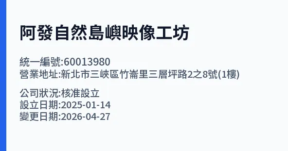 阿發自然島嶼映像工坊的照片-統編 60013980(新北市) 公司登記資料與營業項目詳細圖表