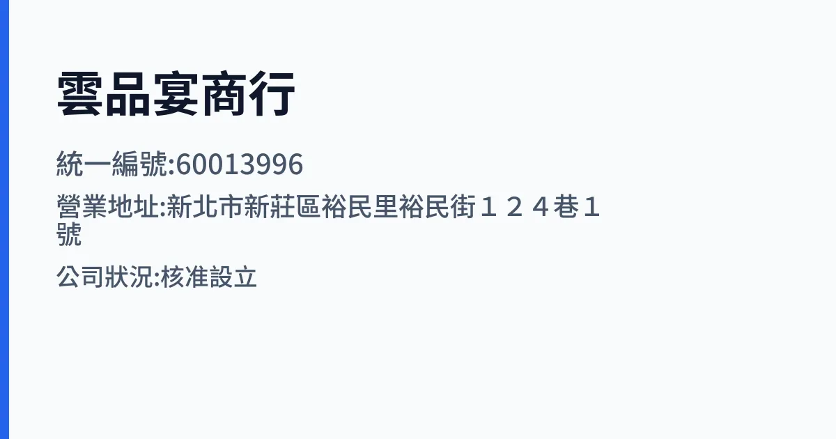 雲品宴商行 - 統編 60013996(新北市) 公司登記資料與營業項目詳細圖表