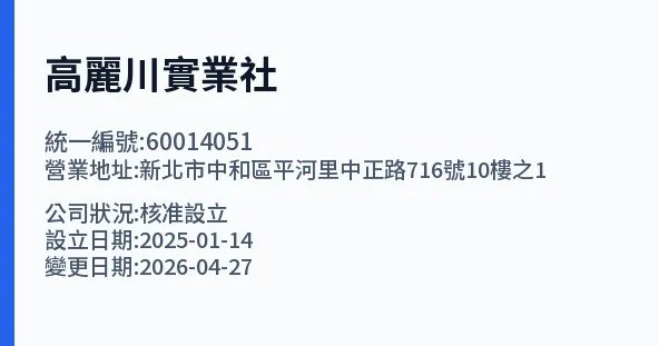 高麗川實業社的照片-統編 60014051(新北市) 公司登記資料與營業項目詳細圖表