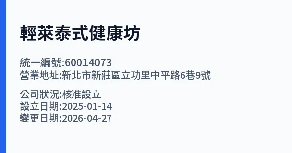 輕萊泰式健康坊的照片-統編 60014073(新北市) 公司登記資料與營業項目詳細圖表