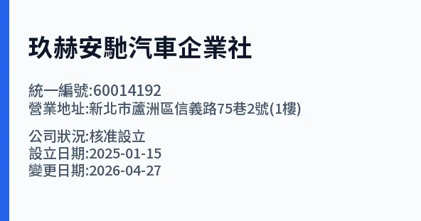 玖赫安馳汽車企業社的照片-統編 60014192(新北市) 公司登記資料與營業項目詳細圖表