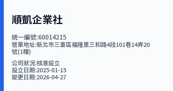 順凱企業社的照片-統編 60014215(新北市) 公司登記資料與營業項目詳細圖表