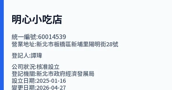 明心小吃店的照片-統編 60014539(新北市) 公司登記資料與營業項目詳細圖表