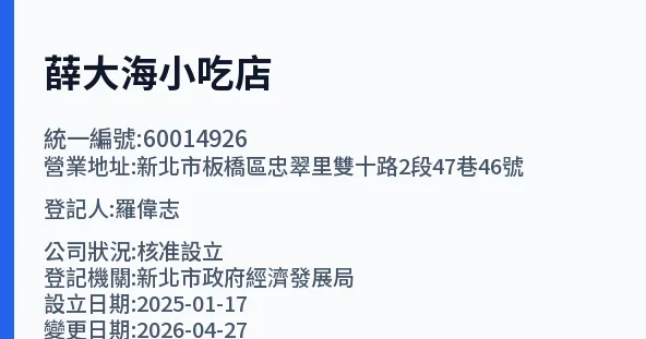 薛大海小吃店的照片-統編 60014926(新北市) 公司登記資料與營業項目詳細圖表