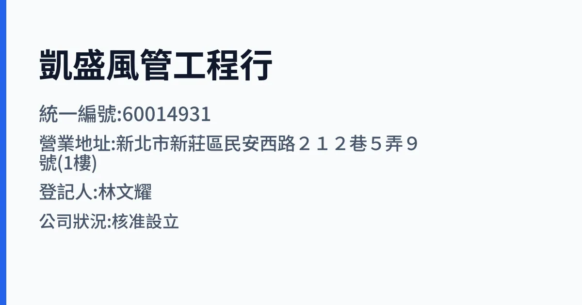 凱盛風管工程行 - 統編 60014931(新北市) 公司登記資料與營業項目詳細圖表
