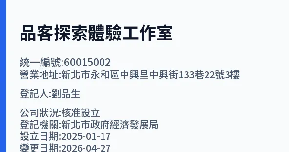 品客探索體驗工作室的照片-統編 60015002(新北市) 公司登記資料與營業項目詳細圖表