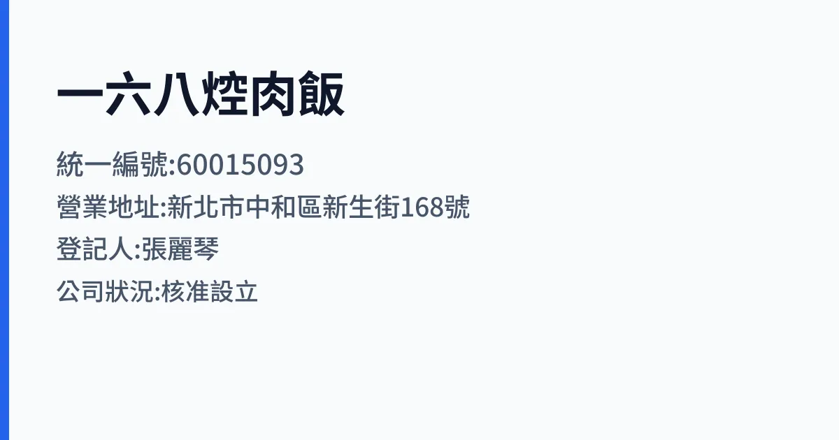 一六八焢肉飯 - 統編 60015093(新北市) 公司登記資料與營業項目詳細圖表