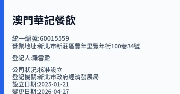 澳門華記餐飲的照片-統編 60015559(新北市) 公司登記資料與營業項目詳細圖表