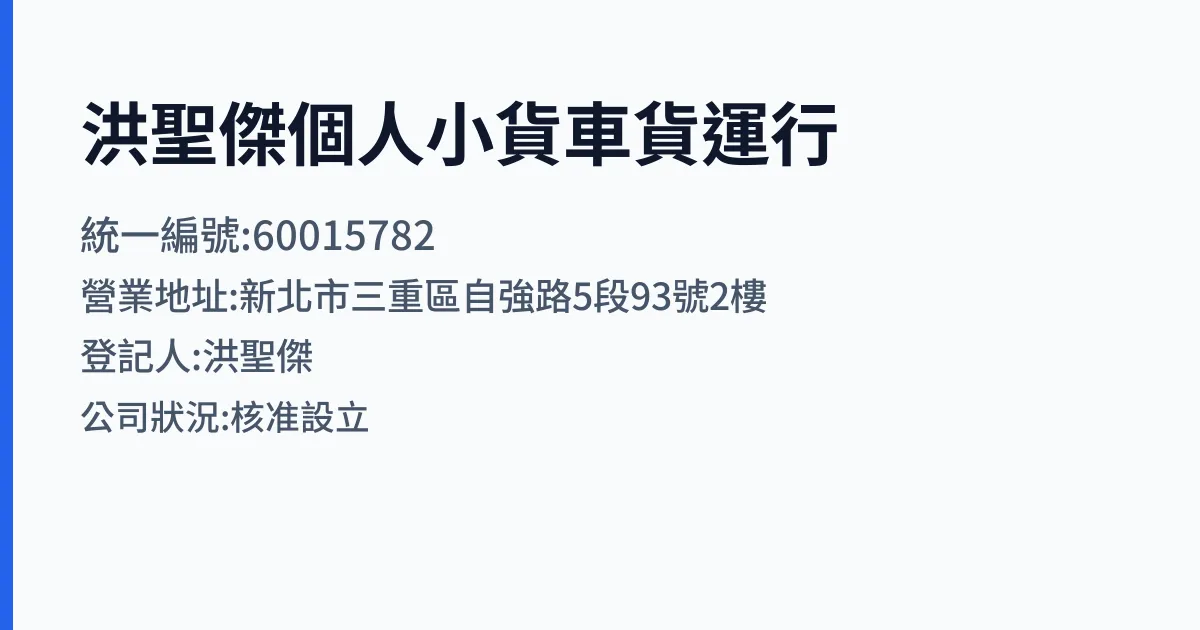 洪聖傑個人小貨車貨運行 - 統編 60015782(新北市) 公司登記資料與營業項目詳細圖表