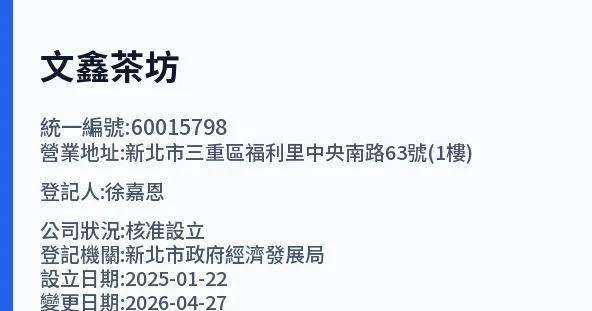 文鑫茶坊的照片-統編 60015798(新北市) 公司登記資料與營業項目詳細圖表