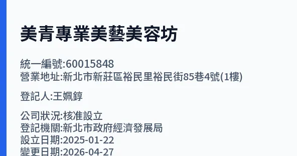 美青專業美藝美容坊的照片-統編 60015848(新北市) 公司登記資料與營業項目詳細圖表