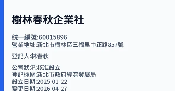 樹林春秋企業社的照片-統編 60015896(新北市) 公司登記資料與營業項目詳細圖表