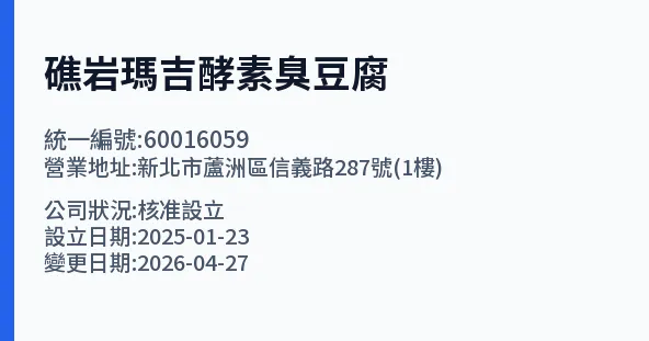 礁岩瑪吉酵素臭豆腐的照片-統編 60016059(新北市) 公司登記資料與營業項目詳細圖表