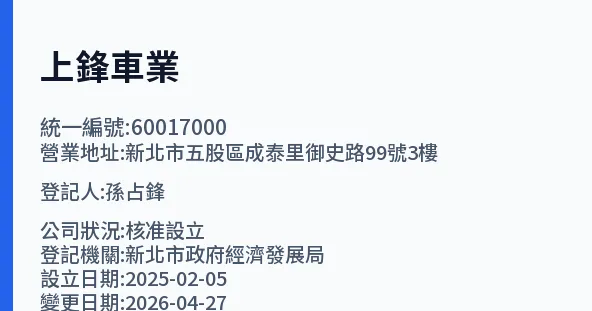 上鋒車業的照片-統編 60017000(新北市) 公司登記資料與營業項目詳細圖表