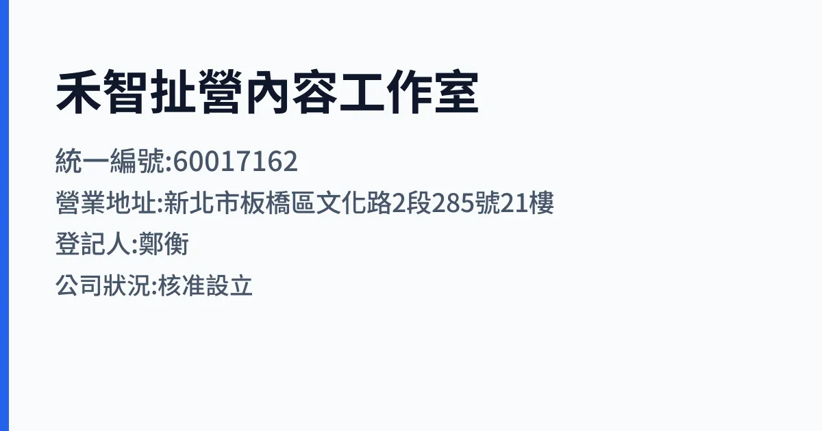 禾智扯營內容工作室 - 統編 60017162(新北市) 公司登記資料與營業項目詳細圖表