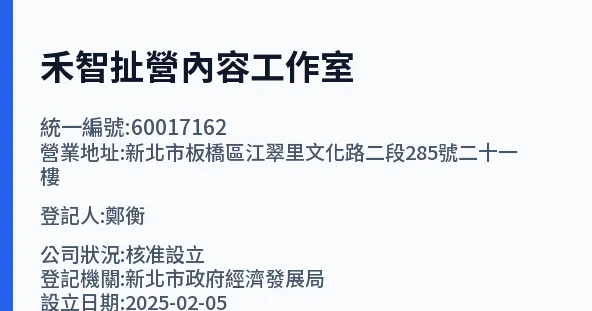 禾智扯營內容工作室的照片-統編 60017162(新北市) 公司登記資料與營業項目詳細圖表