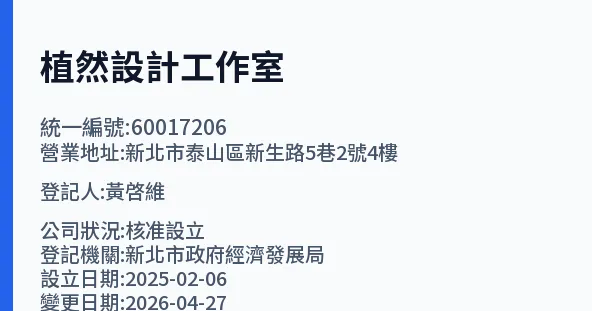 植然設計工作室的照片-統編 60017206(新北市) 公司登記資料與營業項目詳細圖表