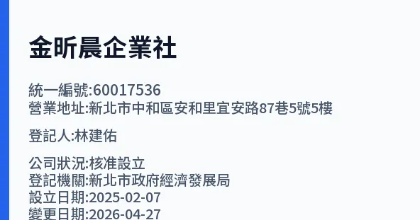 金昕晨企業社的照片-統編 60017536(新北市) 公司登記資料與營業項目詳細圖表