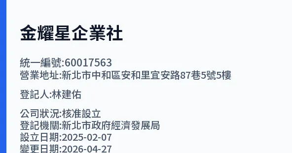 金耀星企業社的照片-統編 60017563(新北市) 公司登記資料與營業項目詳細圖表