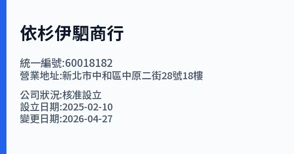 依杉伊駟商行的照片-統編 60018182(新北市) 公司登記資料與營業項目詳細圖表