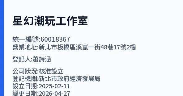 星幻潮玩工作室的照片-統編 60018367(新北市) 公司登記資料與營業項目詳細圖表
