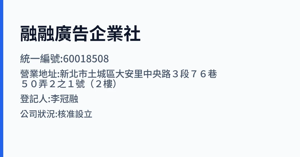 融融廣告企業社 - 統編 60018508(新北市) 公司登記資料與營業項目詳細圖表