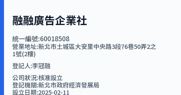 融融廣告企業社的照片-統編 60018508(新北市) 公司登記資料與營業項目詳細圖表