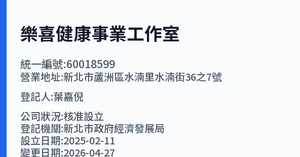 樂喜健康事業工作室的照片-統編 60018599(新北市) 公司登記資料與營業項目詳細圖表