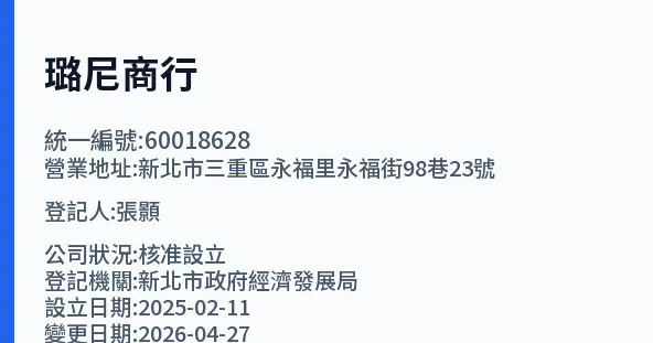 璐尼商行的照片-統編 60018628(新北市) 公司登記資料與營業項目詳細圖表
