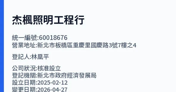 杰楓照明工程行的照片-統編 60018676(新北市) 公司登記資料與營業項目詳細圖表