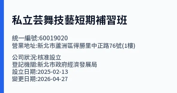 私立芸舞技藝短期補習班的照片-統編 60019020(新北市) 公司登記資料與營業項目詳細圖表
