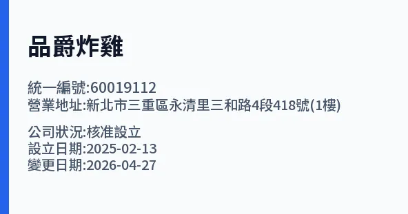 品爵炸雞的照片-統編 60019112(新北市) 公司登記資料與營業項目詳細圖表