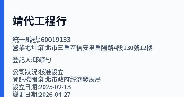 靖代工程行的照片-統編 60019133(新北市) 公司登記資料與營業項目詳細圖表