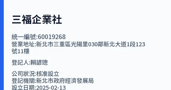 三福企業社的照片-統編 60019268(新北市) 公司登記資料與營業項目詳細圖表