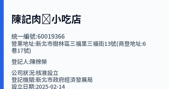 陳記肉焿小吃店的照片-統編 60019366(新北市) 公司登記資料與營業項目詳細圖表